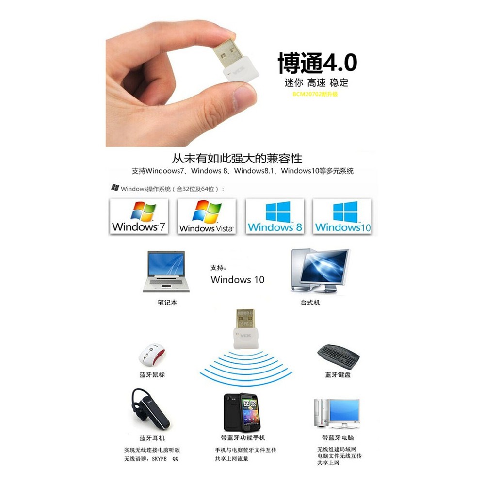 VCK藍芽適配器4.0電腦USB耳機發射接收器博通BCM20702支持Win10 － 松果購物
