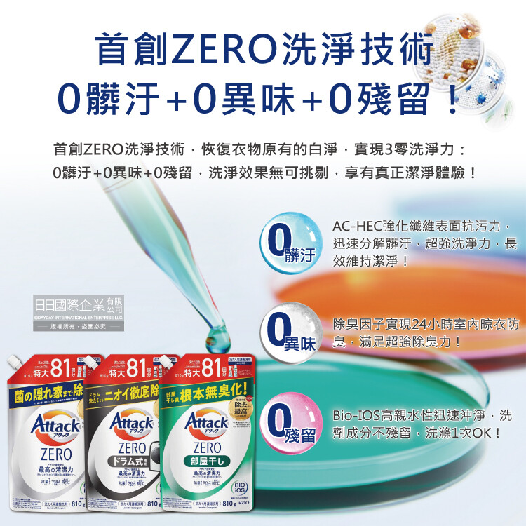日本KAO花王-Attack ZERO極淨超濃縮洗衣精補充包810g/袋(最高清潔力Bio IOS洗 － 松果購物