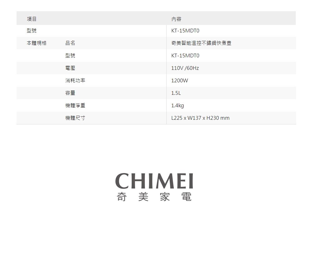 【CHIMEI奇美】 1.5L五心級溫控不鏽鋼快煮壺 (KT-15MDT0) － 松果購物
