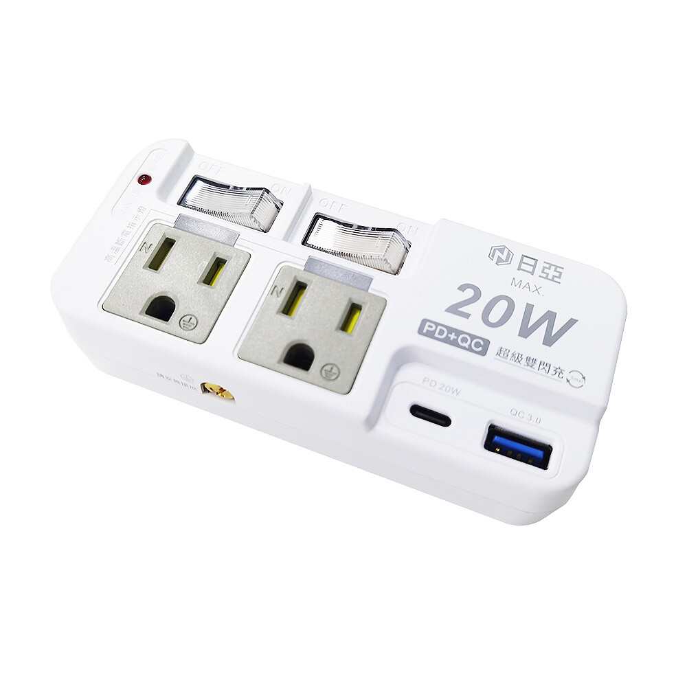 【日亞】R-52PLC防雷3孔2開2插PD20W Type-C+QC3.0 USB轉接器(分接器 － 松果購物